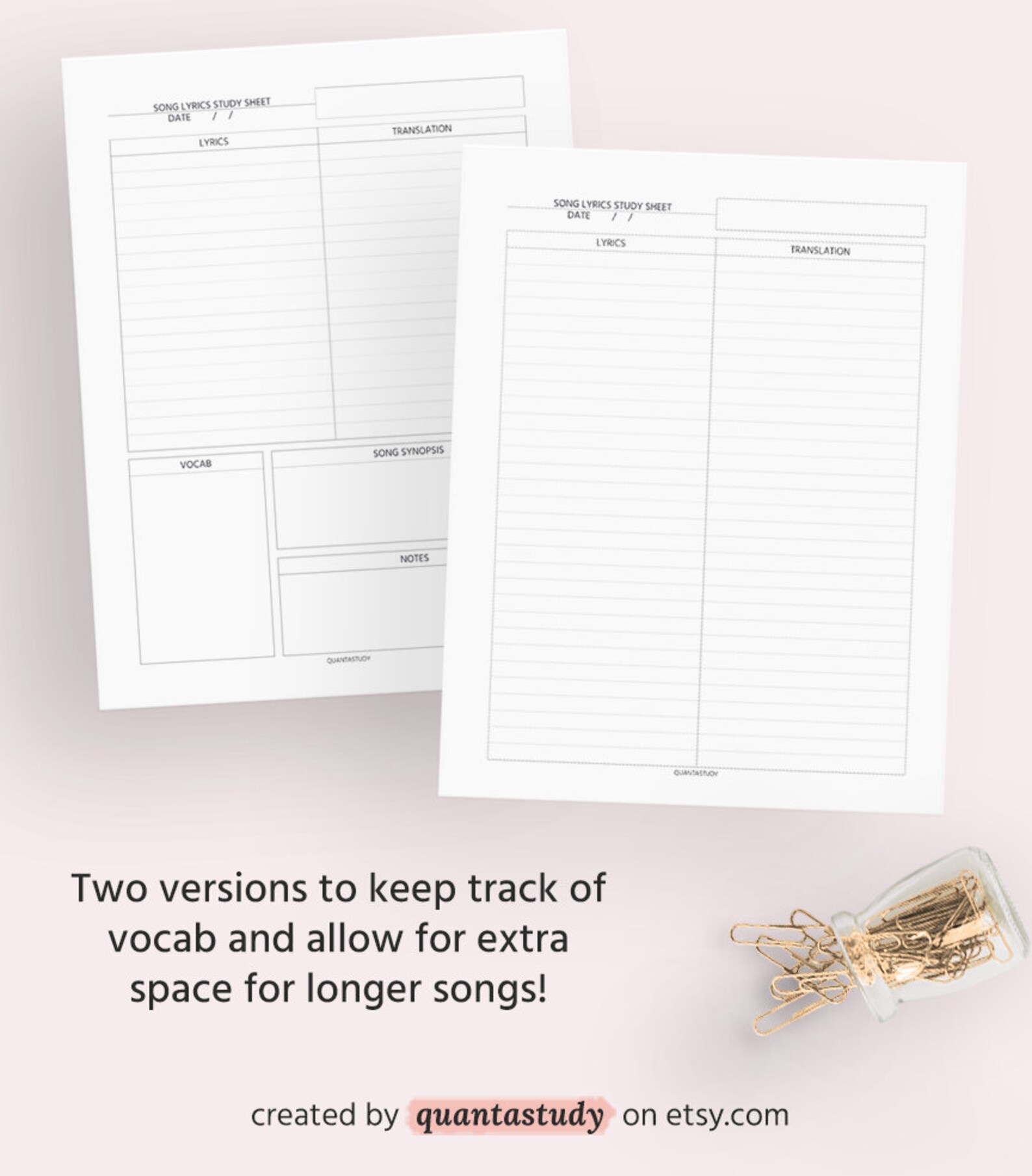 Song Lyrics Language Learning Study Sheet Vocabulary Sheets - Etsy