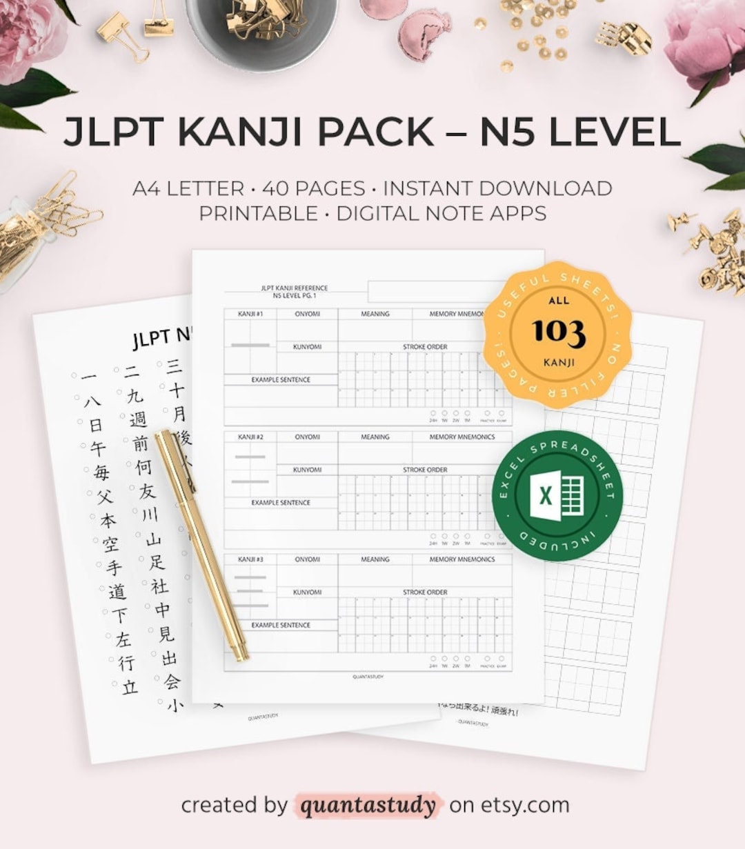JLPT Beginner N5 Level Kanji Pack Worksheets Practice Writing Japanese ...