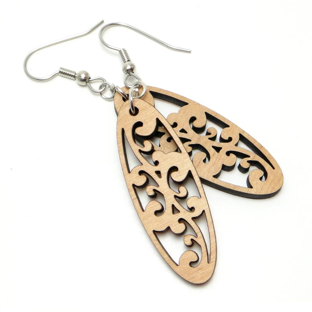 Filigree Oval Wood Earrings, Laser Cut, Lightweight Dangle Earrings - Etsy