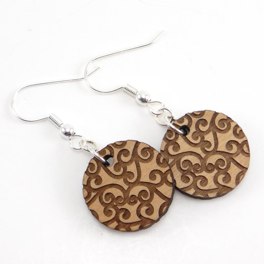 Swirl Wood Disc Earring, Scroll Engraved Round Earring - Etsy