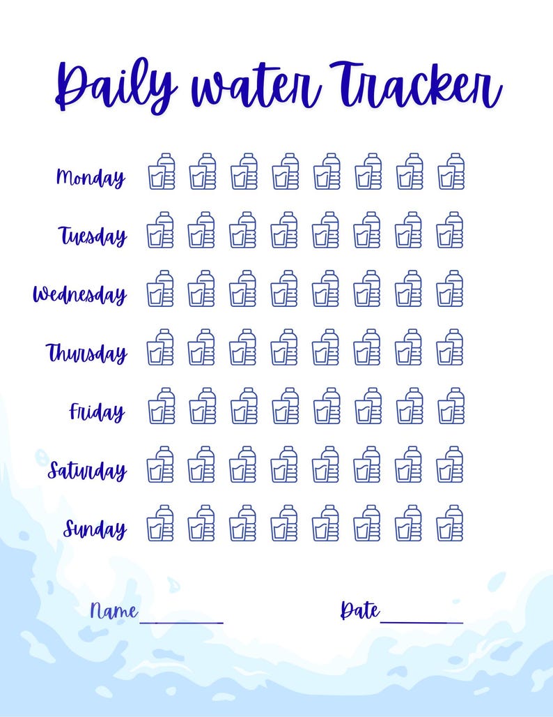 Hydration Chart, Printable Water Tracker, Water Intake Monitoring - Etsy