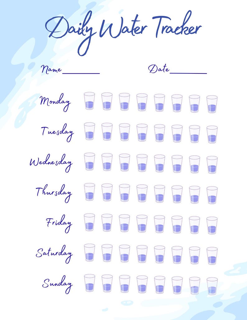 Hydration Chart, Printable Water Tracker, Water Intake Monitoring - Etsy