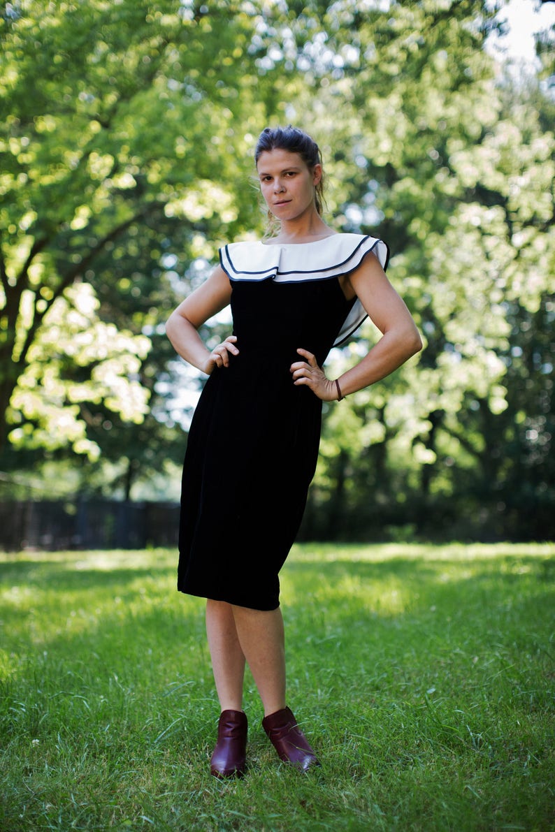 1940s Style Pinup Sailor Black Velvet Midi Shantung Sheath Dress ...