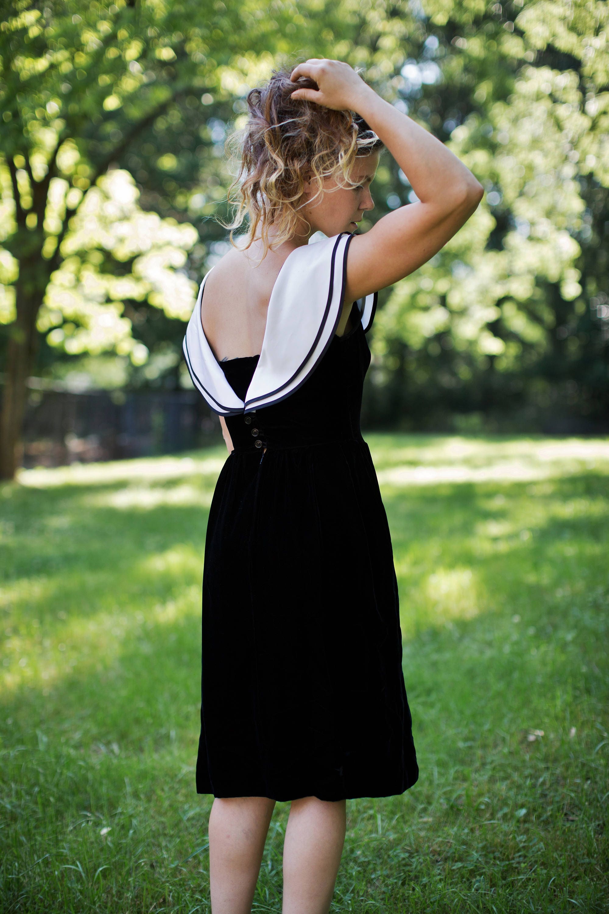 1940s Style Pinup Sailor Black Velvet Midi Shantung Sheath Dress ...