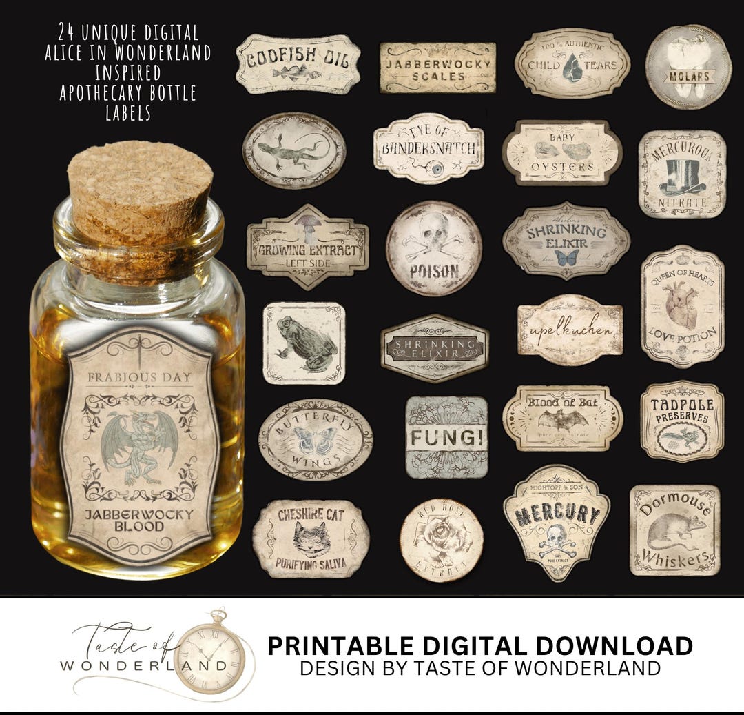 LARGE Alice in Wonderland Apothecary Labels | Mad Hatter Tea Party ...
