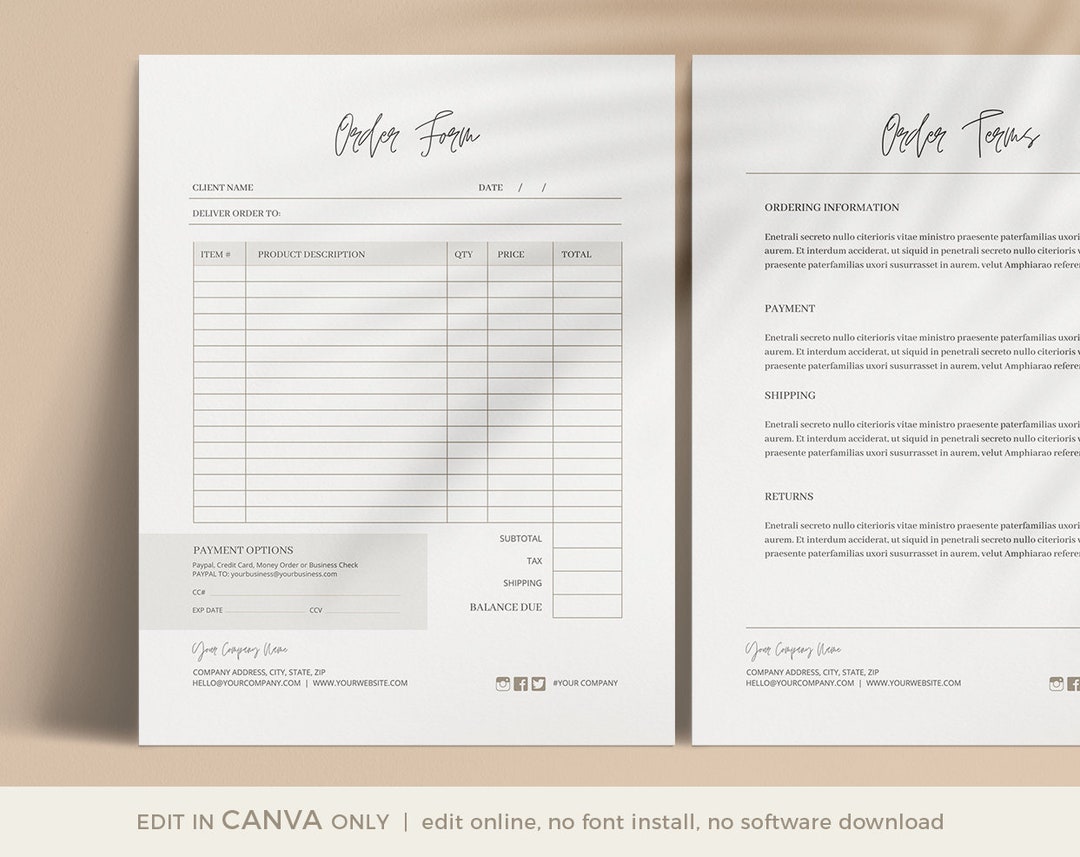 CANVA Order Form Template Terms Sheet Wholesale Order Form - Etsy