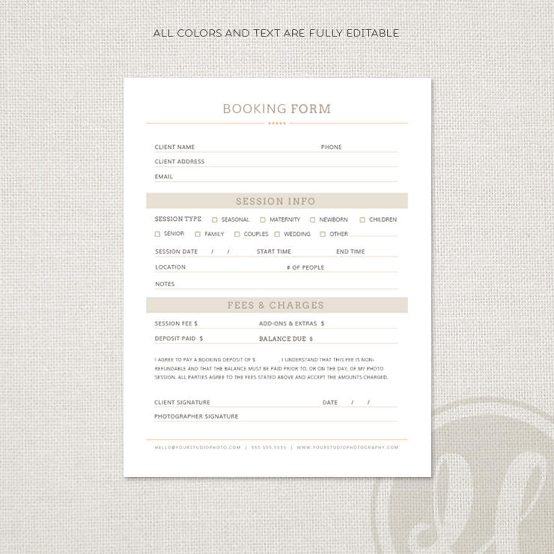 Client Booking Form Template for Photographers Photography | Etsy