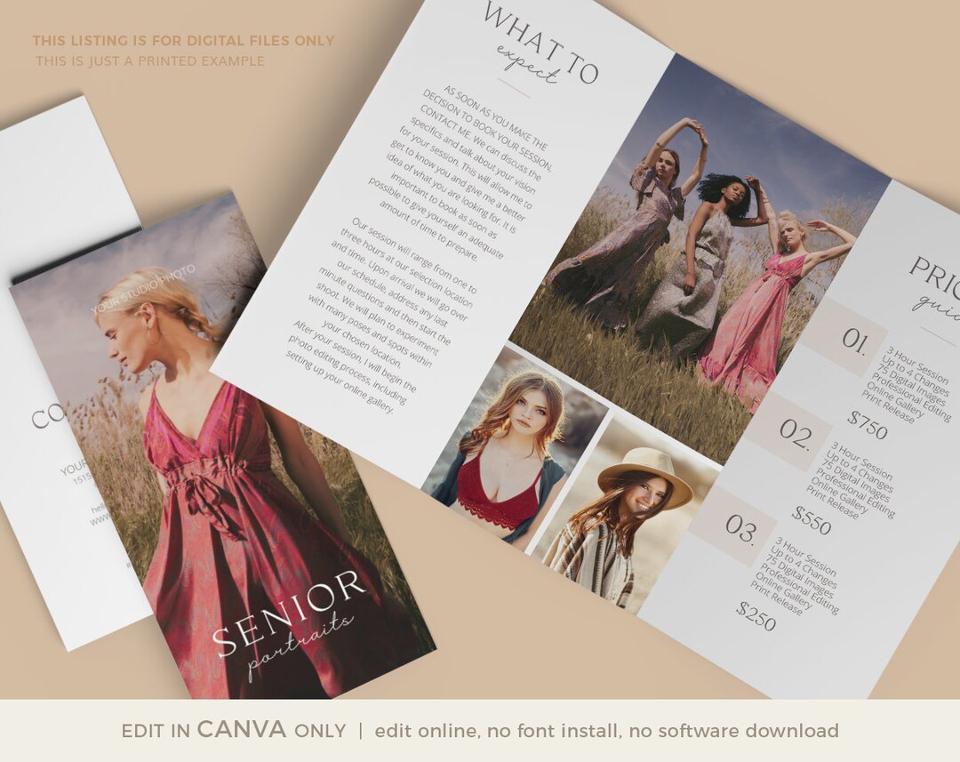 Senior Photography Trifold Brochure Template, Studio Welcome Flyer ...