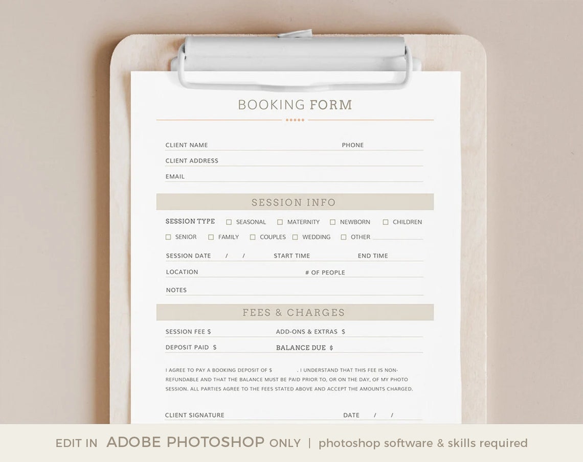 Client Booking Form Template for Photographers Photography - Etsy