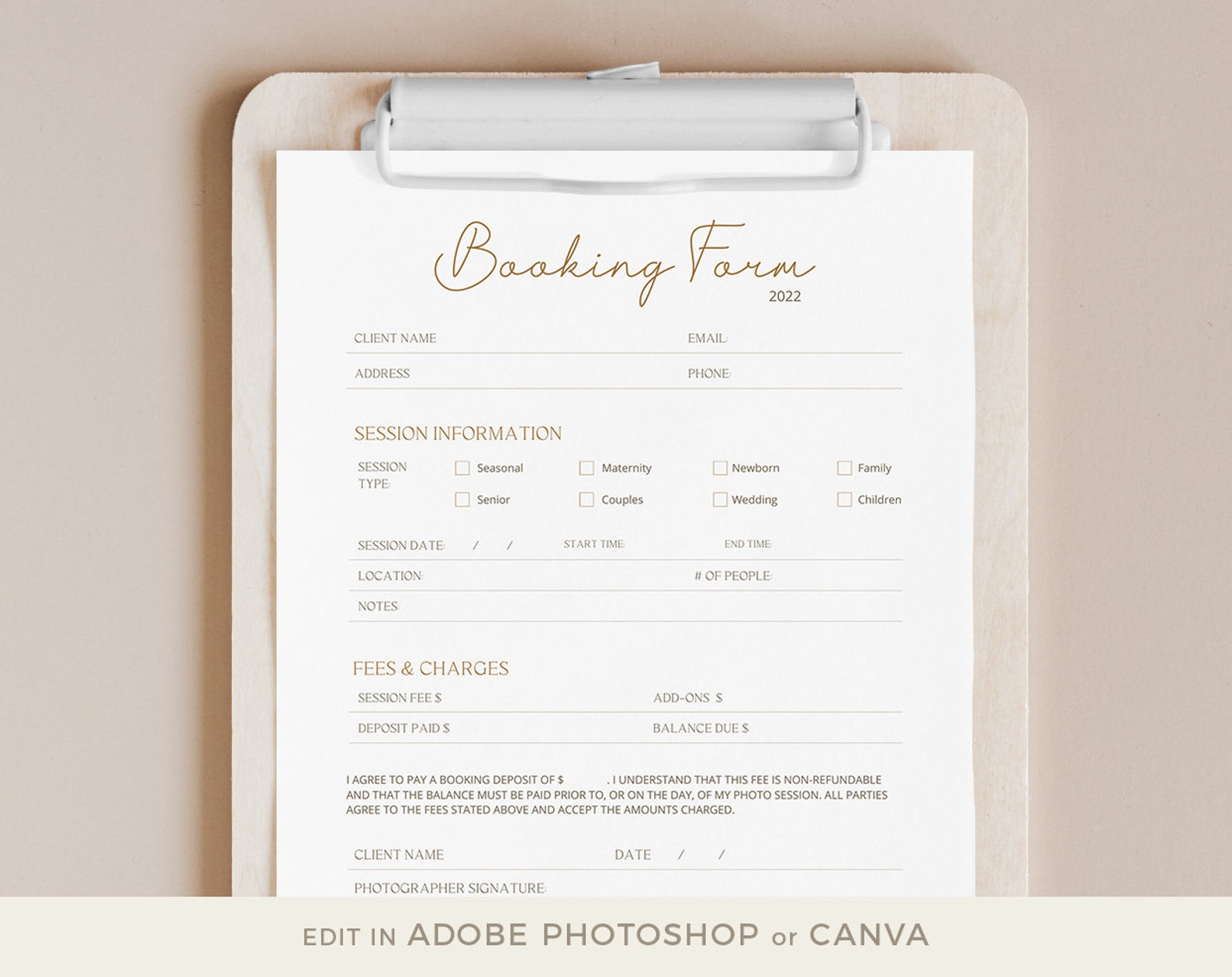 Client Booking Form for PHOTOSHOP and CANVA Photography - Etsy