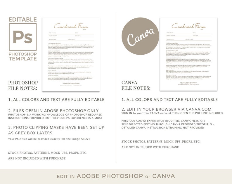 Photography Contract Template for PHOTOSHOP or CANVA Two Page - Etsy