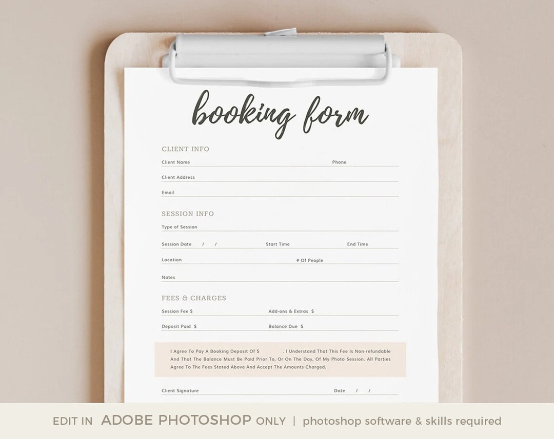 Photography Booking Form, Client Booking Form Template, INSTANT ...