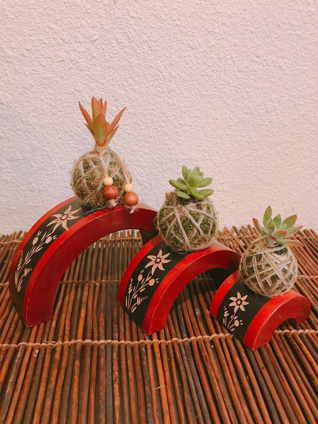 Mini Succulent Kokedama With Arched Bridge Mango Wood Holders - Etsy