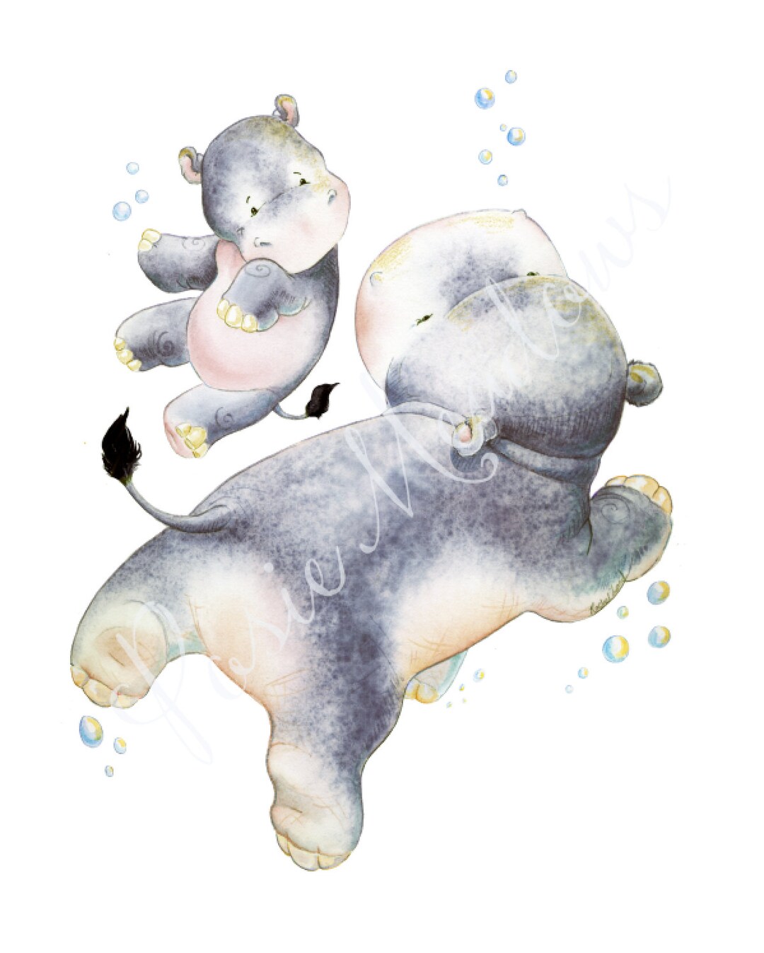 Hippopotamus, Hippos, Baby Hippo, Watercolor Hippo, Nursery Hippo Art ...
