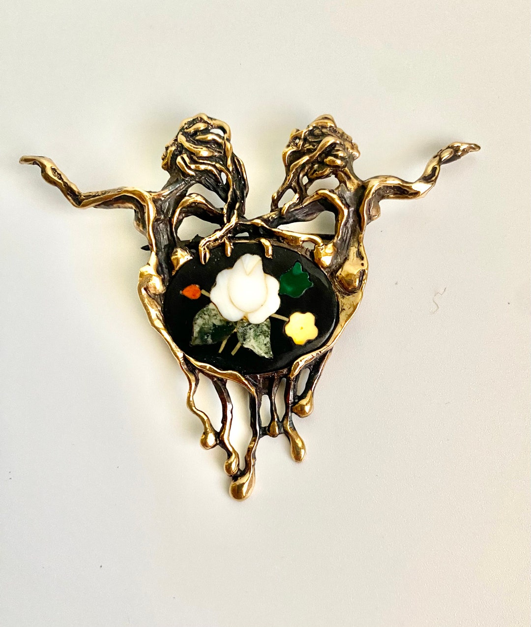 Dancing Women Mosaic Floral Inlay Set in 14k Yellow Gold Pin Brooch ...