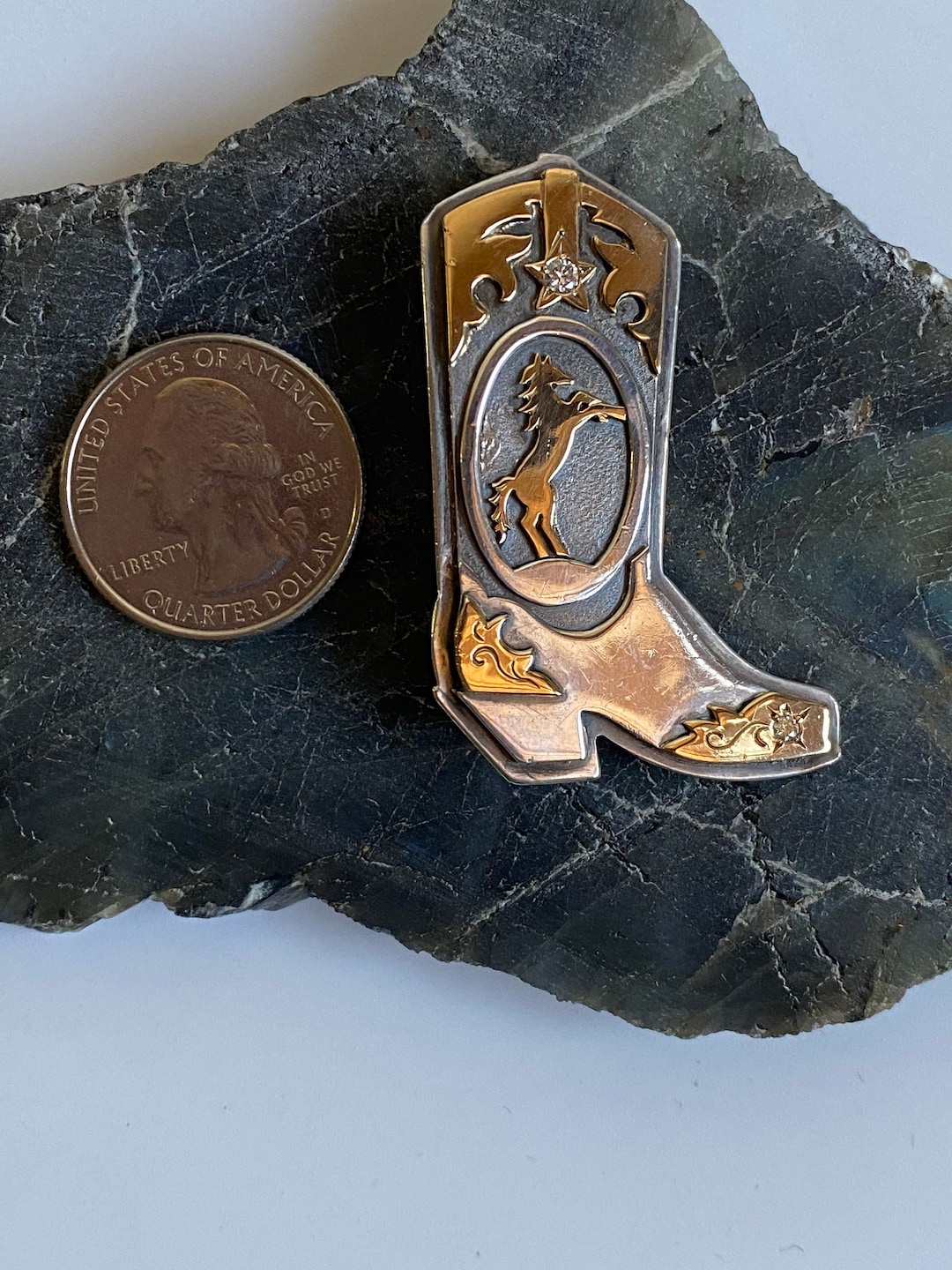 Mona Van Riper Sterling Silver 18K Gold Diamonds Western Boot Pin ...