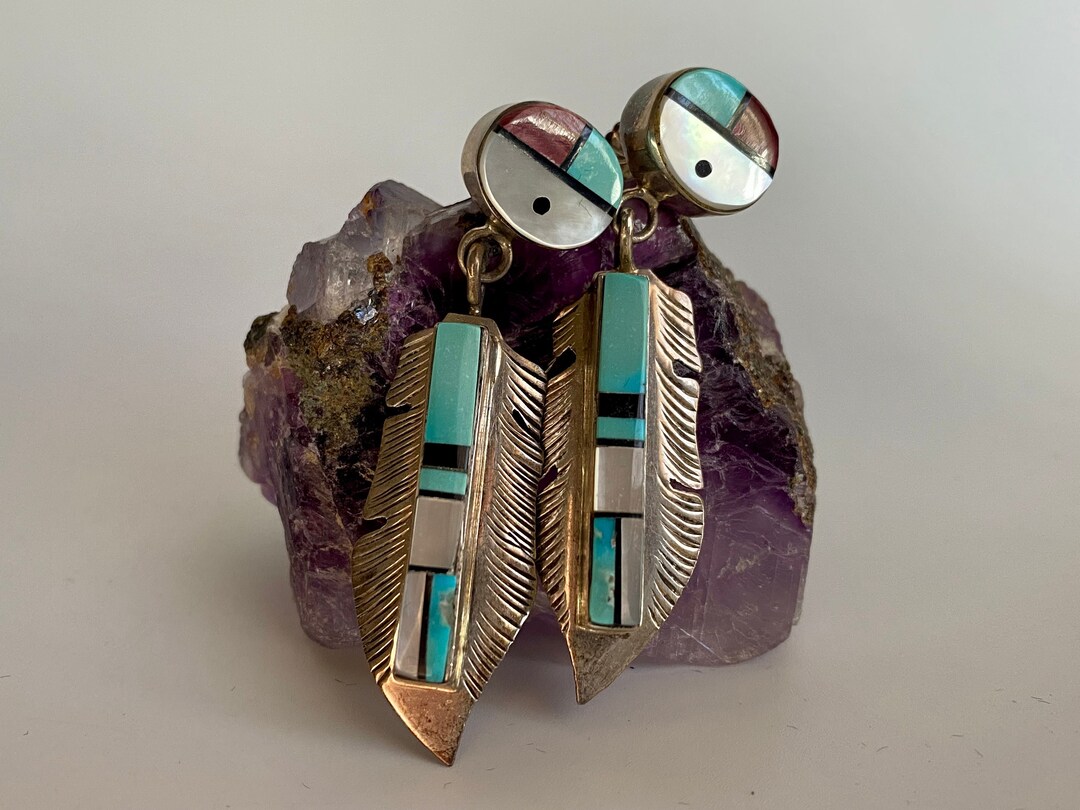 Alvin Yellowhorse Sterling Silver Stone Shell Inlay Feather Earrings - Etsy