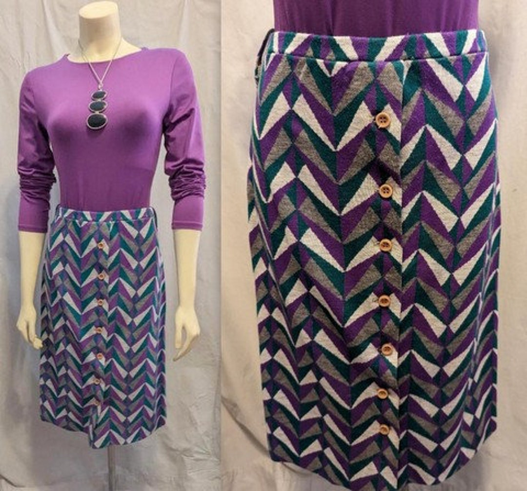 Vintage EARLY 1970s MIDI Skirt Double Knit Art DECO Pattern Button ...