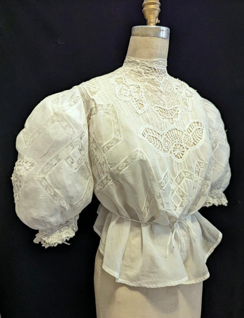 Vintage EDWARDIAN 1900-1910 Shirtwaist BLOUSE Cotton Lawn and LACE ...
