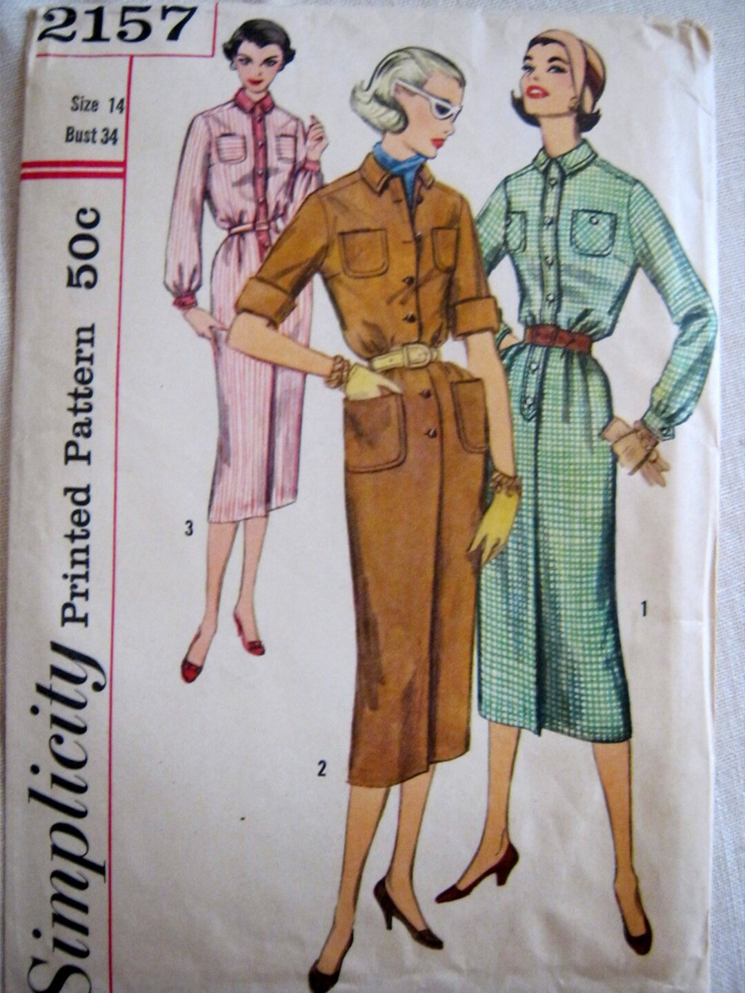 UNCUT Vintage 50s SHIRTWAIST Tailored Sheath DRESS Pattern Simplicity ...