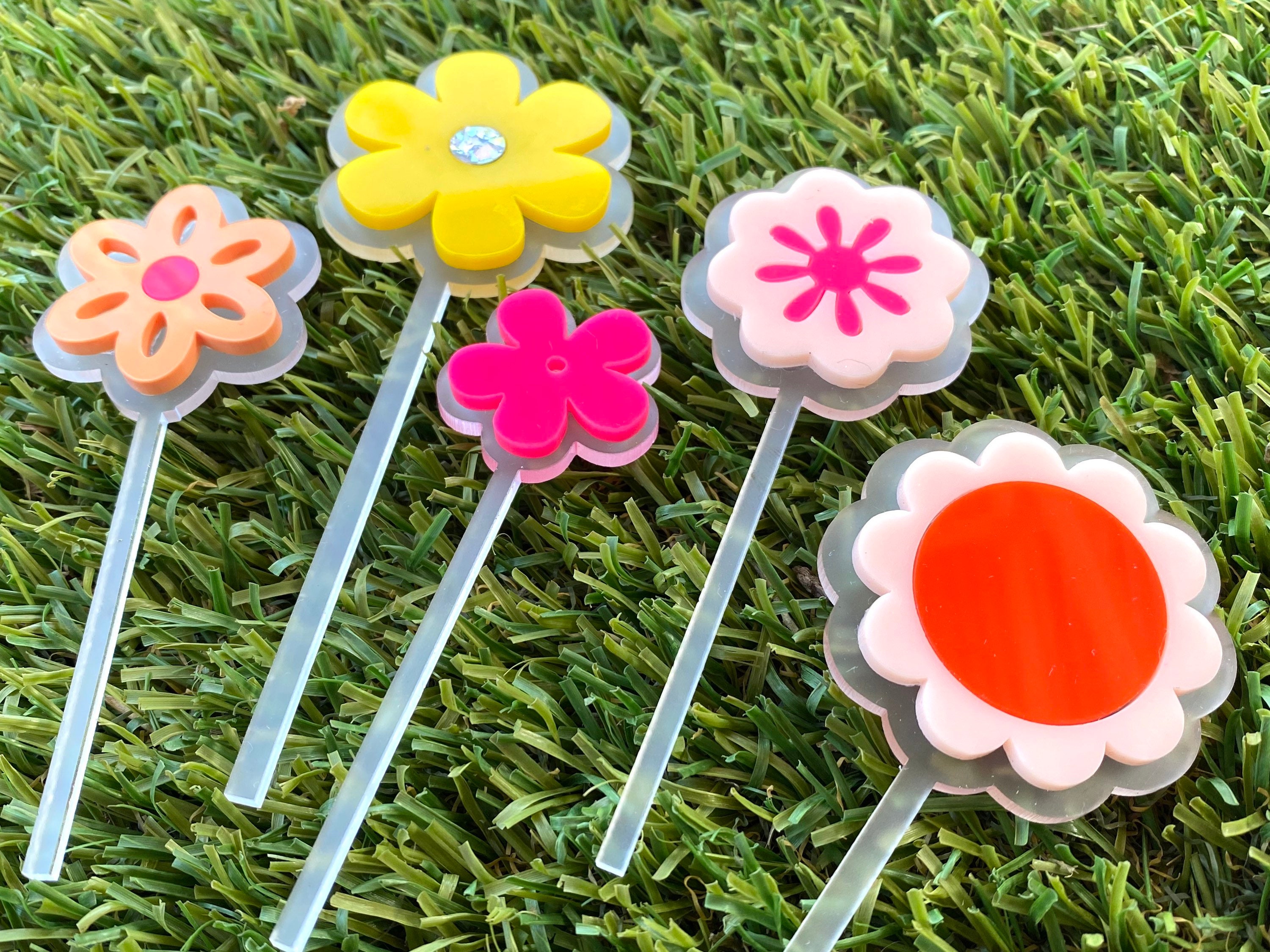 ACRYLIC bright cake topper flowers / set of 5 cake decorations | Etsy