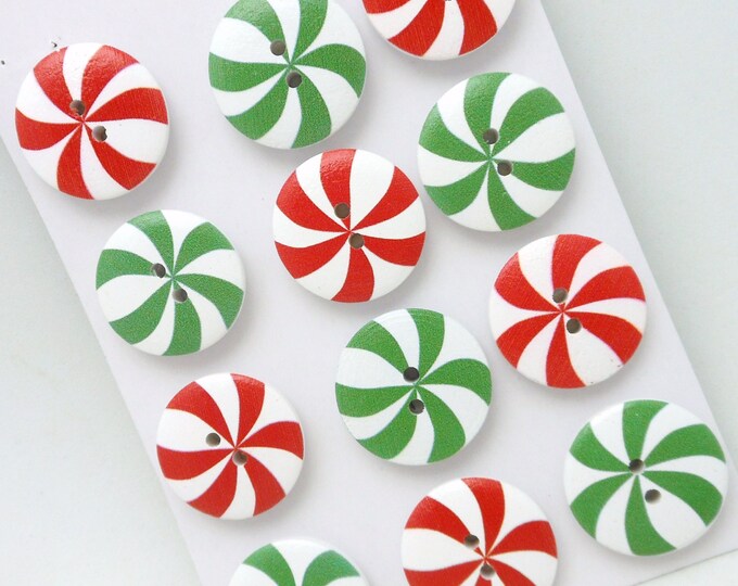 1" Wood Christmas Holiday Peppermint Candy Design Buttons - Package of ...