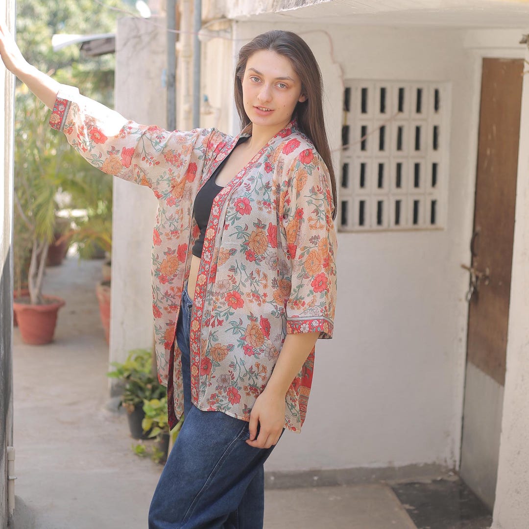 Pure Silk Kimono Duster Vintage-inspired Boho Soft, Beige and Green ...