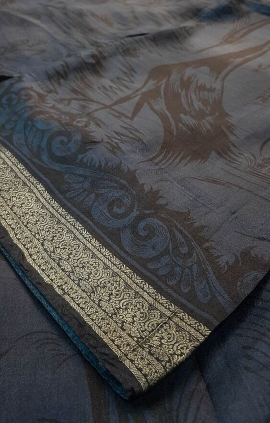 100% Pure Silk Saree Gray Sari Bird Printed Sarees Silk Saris Recycled ...