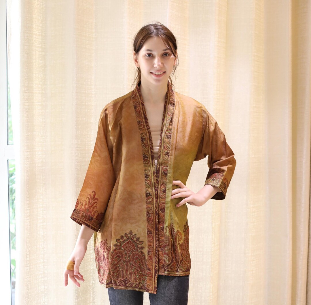 Pure Silk Short Duster Vintage-inspired Boho Brown and Green Jacket ...