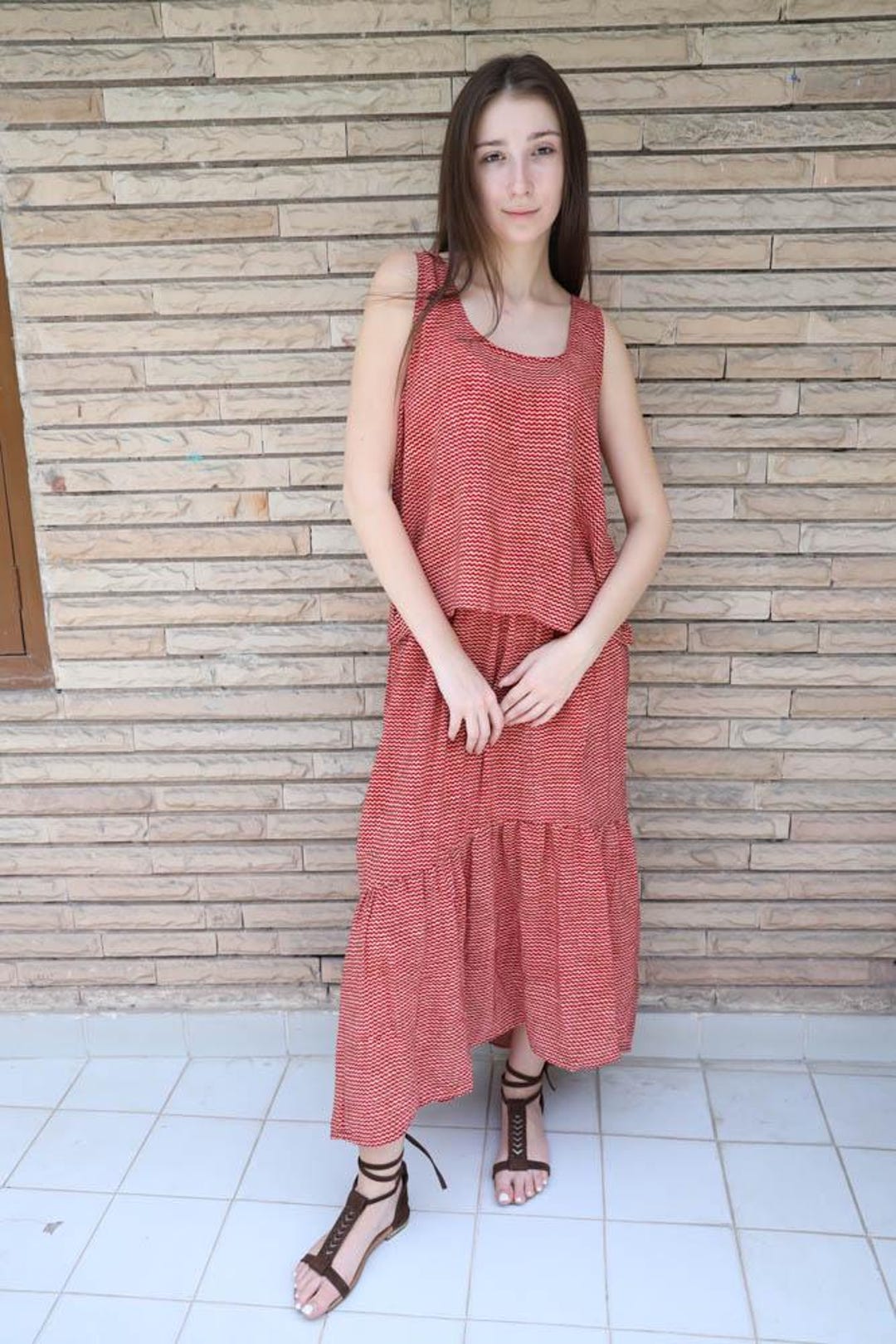 Women Rust Red Boho Maxi Dress Sleeveless Relaxed Fit Two-piece Set ...