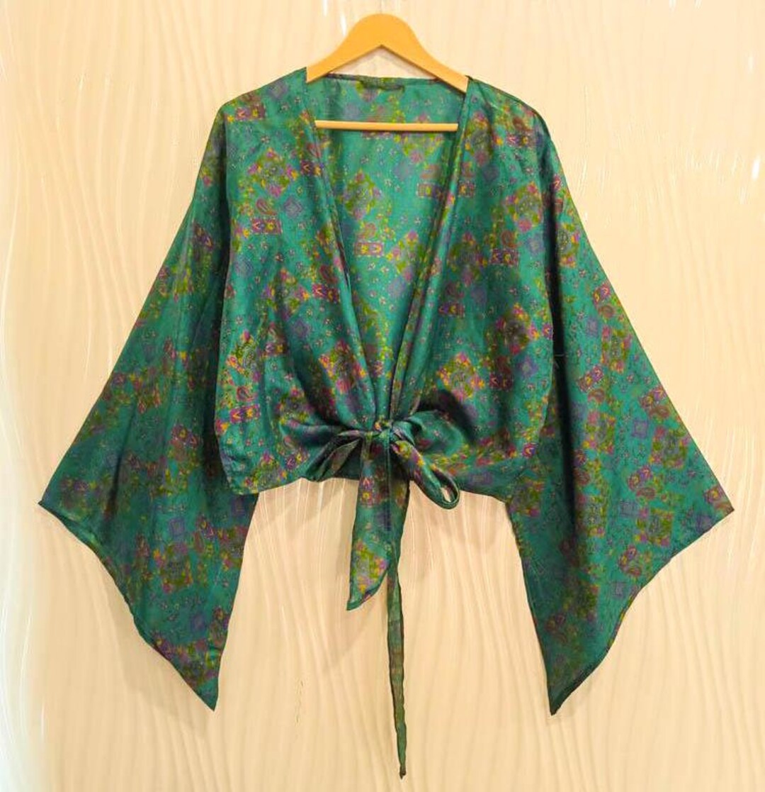 Emerald Green Pure Silk Wrap Top Vintage Boho Flowy Crop Tops for Girls ...