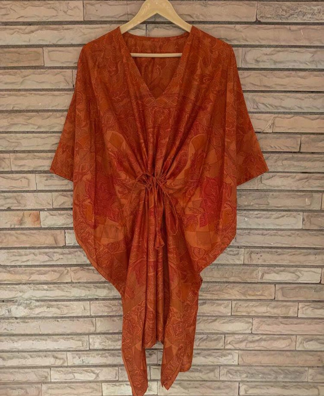 Pure Silk Midi Kaftan Rust Orange Tunic Short Dress Casual Party Holiday Dressing Beach Lounge ...
