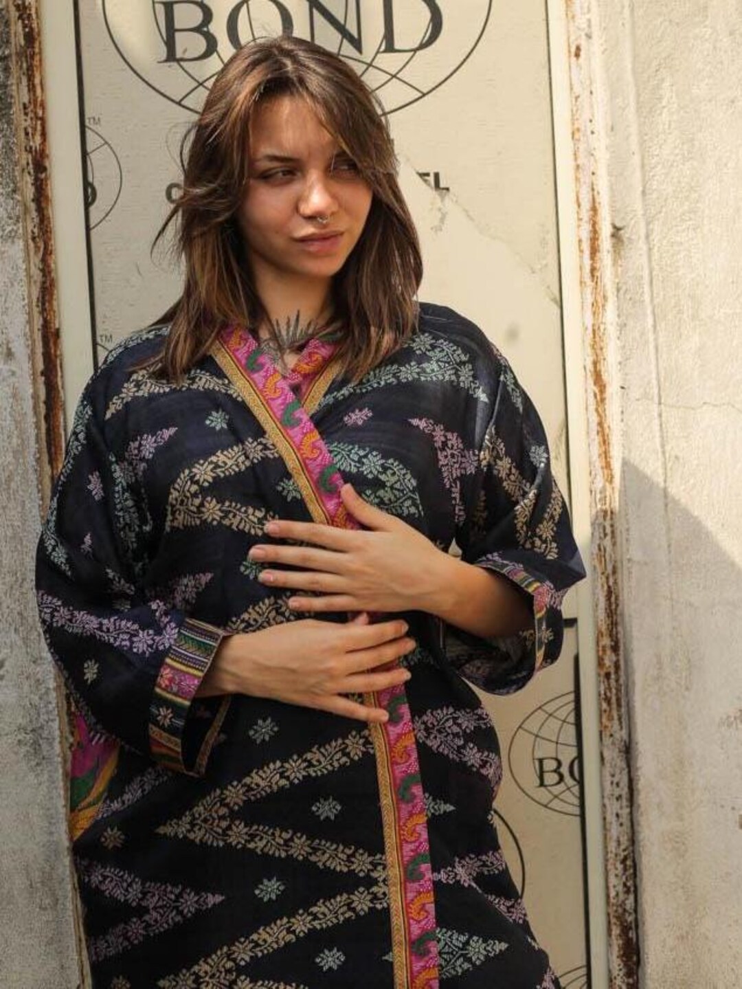 Pure Silk Kimono Duster Vintage-inspired Boho Soft, Black Base Short ...