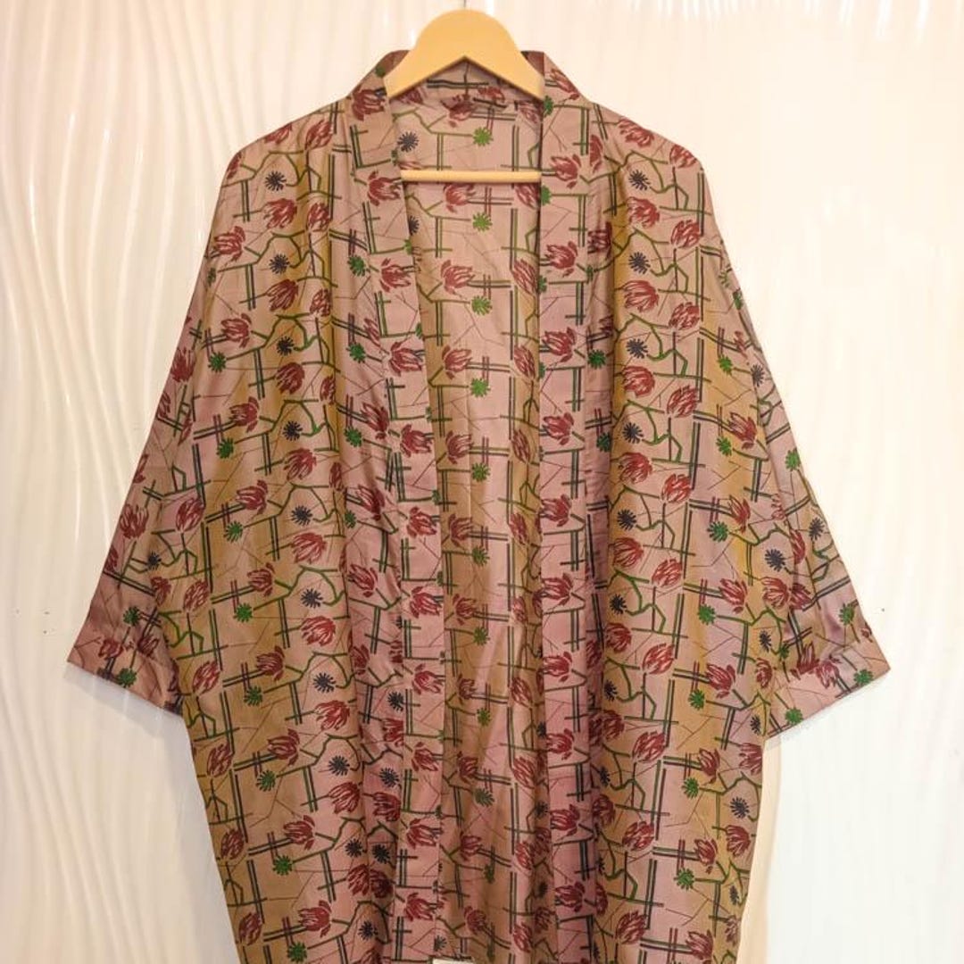 Pure Silk Duster Vintage-inspired Boho Golden Brown and Green Short ...