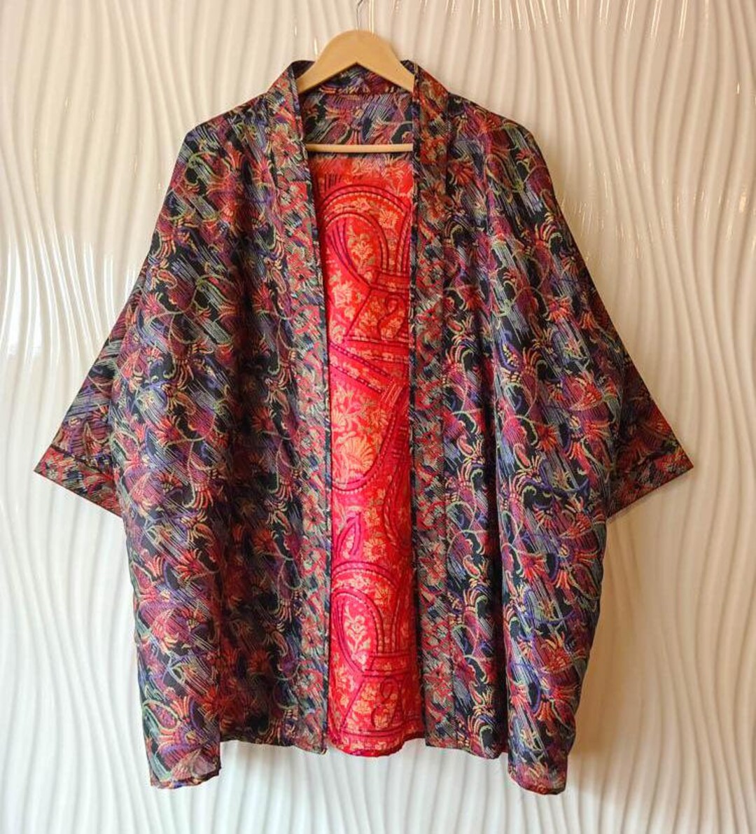 Pure Silk Duster Midnight Black & Red Jacket Boho Chic Short Duster for ...