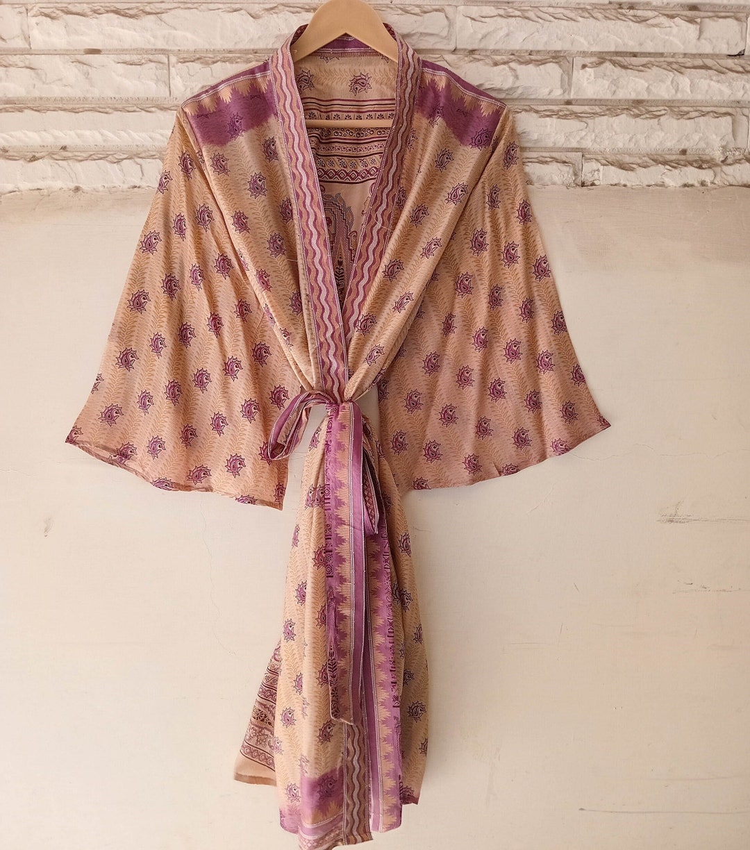 Midi Kimono Pure Silk Robe Gown Night Dressing Robes Boho Cape Jacket ...