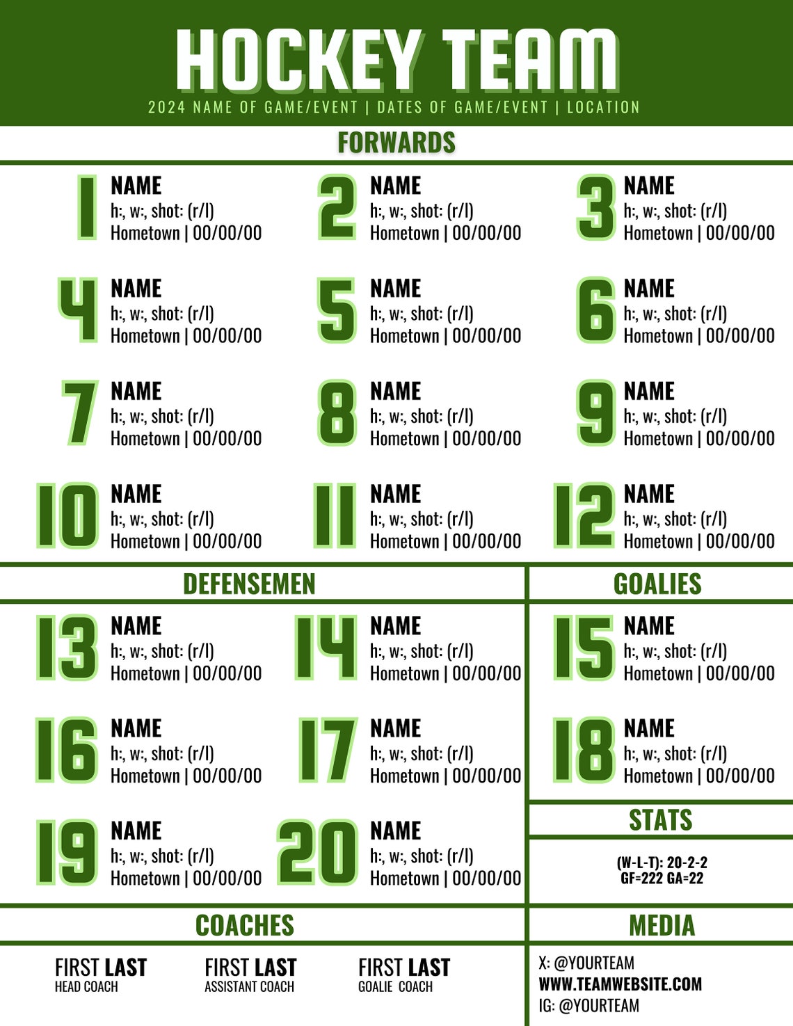 CUSTOMIZABLE Hockey Line Sheet Template - Etsy