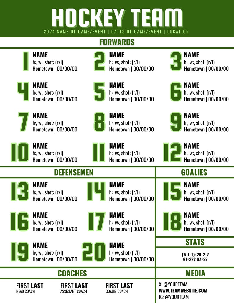 CUSTOMIZABLE Hockey Line Sheet Template - Etsy