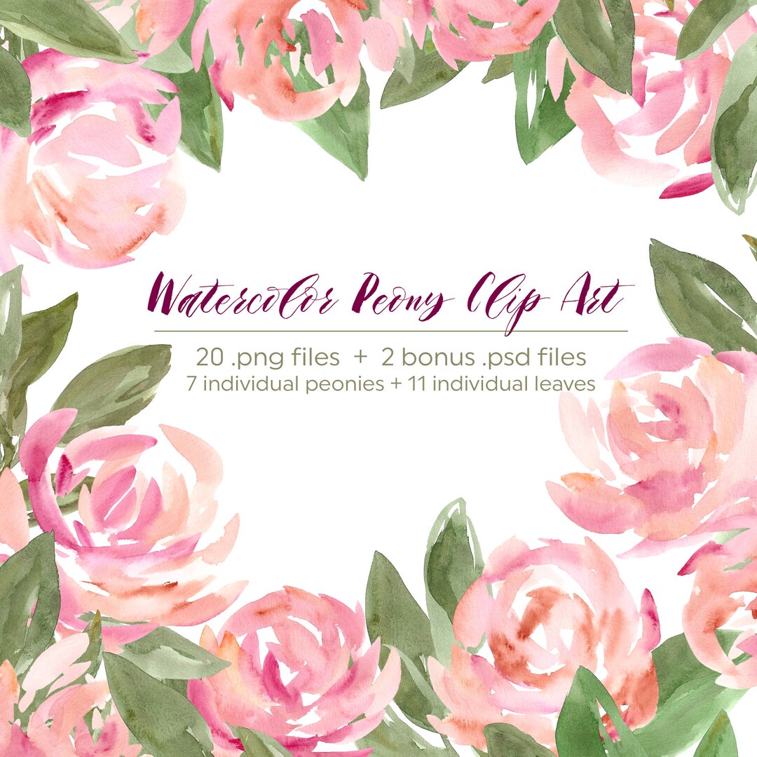 Peony Floral Watercolor Leaves Clip Art Set, Garden Blog Design ...