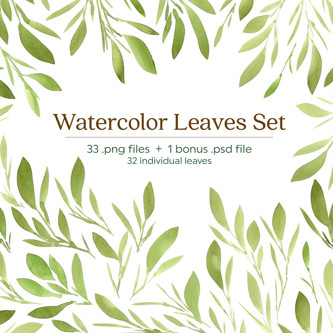 Green Watercolor Leaves Clip Art Set, Blog Design Resource PNG PSD - Etsy