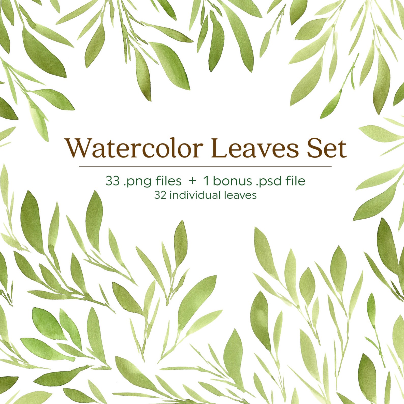 Green Watercolor Leaves Clip Art Set, Blog Design Resource PNG PSD - Etsy