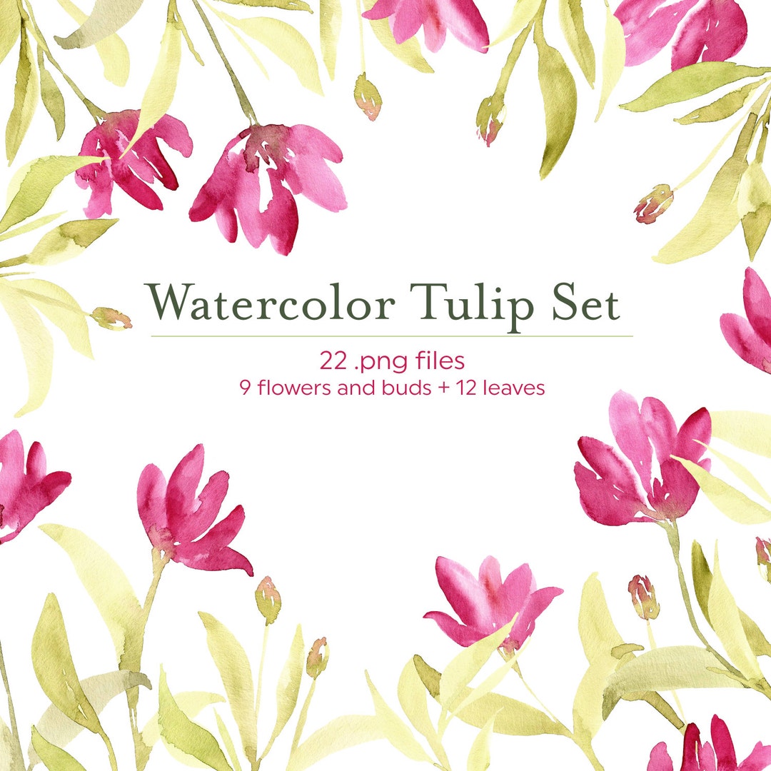 Pink Tulip Watercolor Leaves Clip Art Set, Garden Floral Blog Design ...