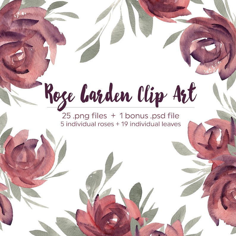 Rose Garden Watercolor Clip Art Set, Purple Floral Blog Design Resource ...