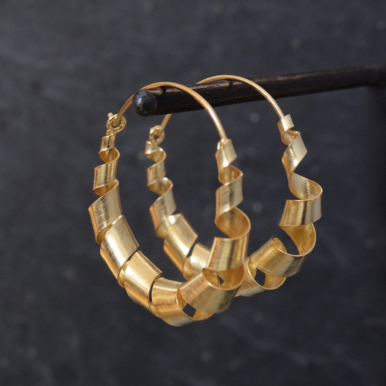 Gold Hoops Gold Twist Hoops Ribbon Hoops Unusual Hoops - Etsy