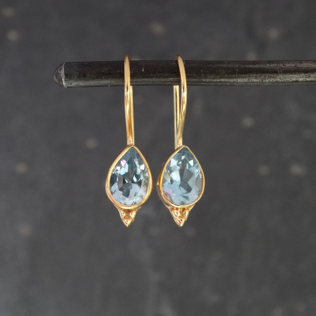 Blue Topaz Earrings, Gold Drops, Teardrop Earrings, Blue Gemstone ...