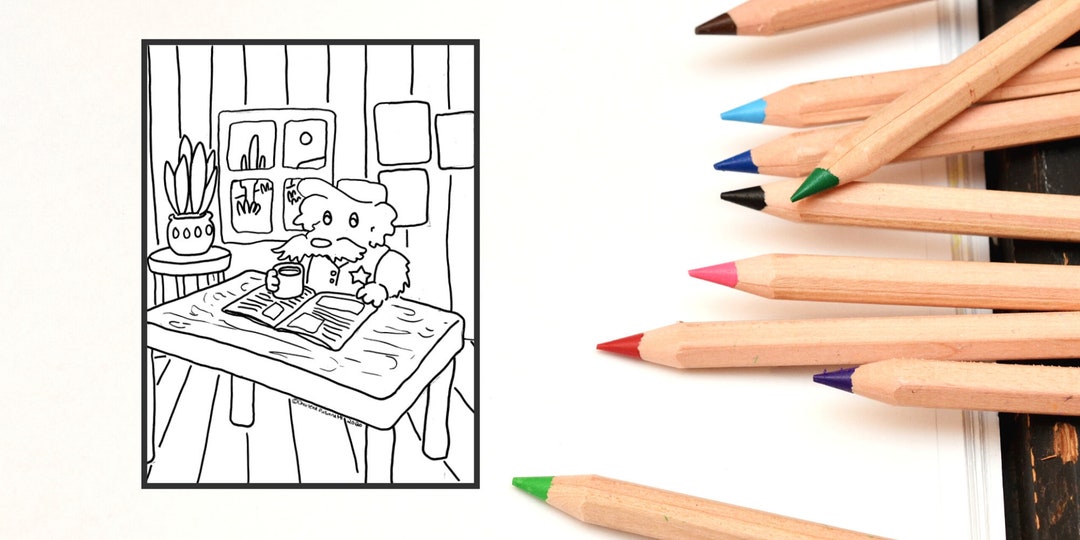 Cute Dog Drinking Coffee Printable Coloring Page // Digital Download ...