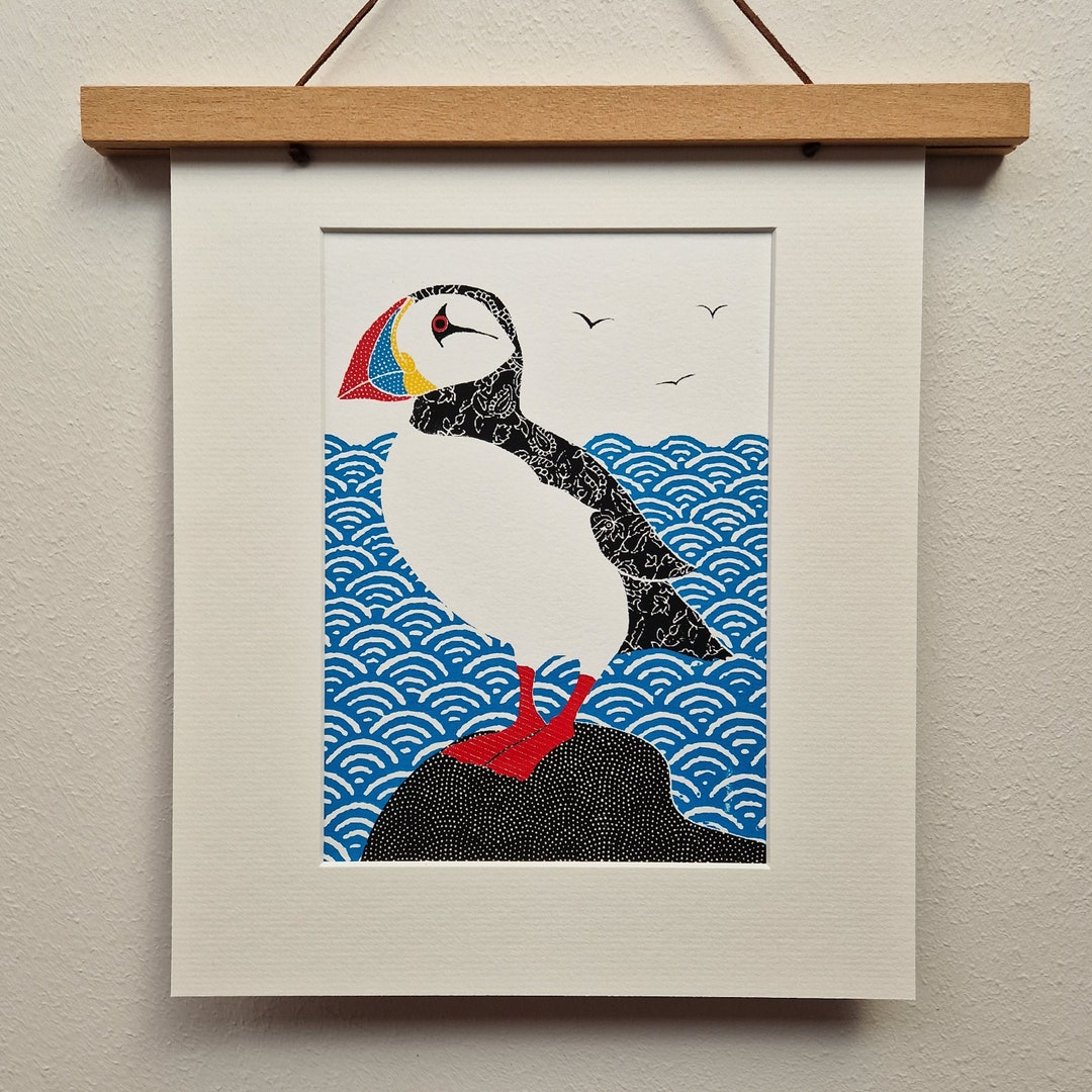 Puffin Print, Mounted Screen Printed Puffin, Coastal Print, Colourful ...
