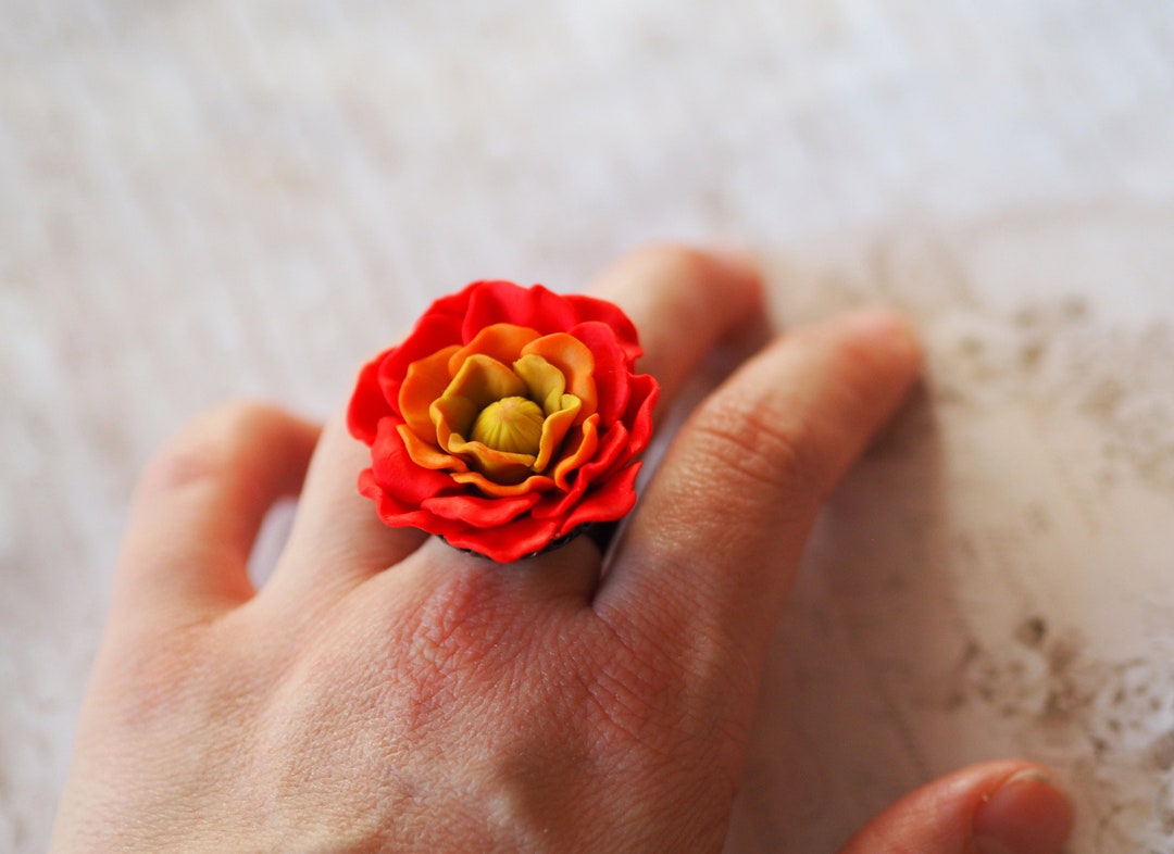 Orange Flower Ring, Summer Ring Statement, Clay Rose Ring Ombre, Floral Ring Yellow Red Orange ...