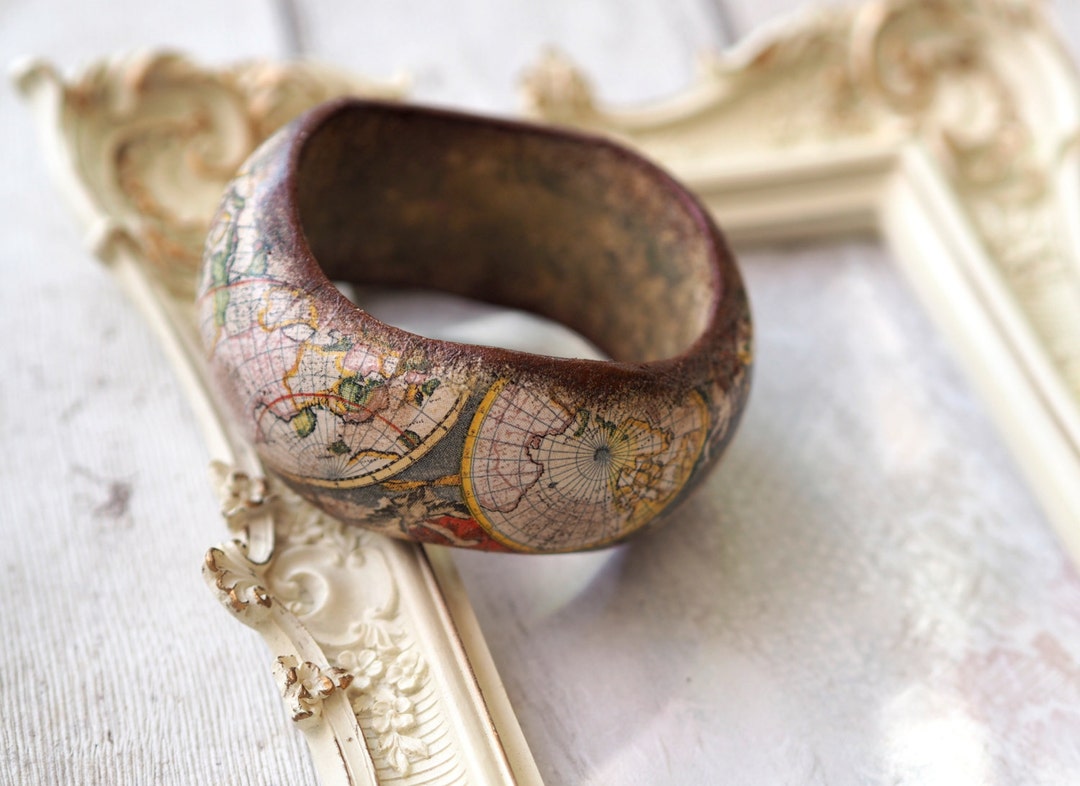 World Map Bracelet, Old Map Jewelry, Map Cuff Bracelet, Vintage Travel ...