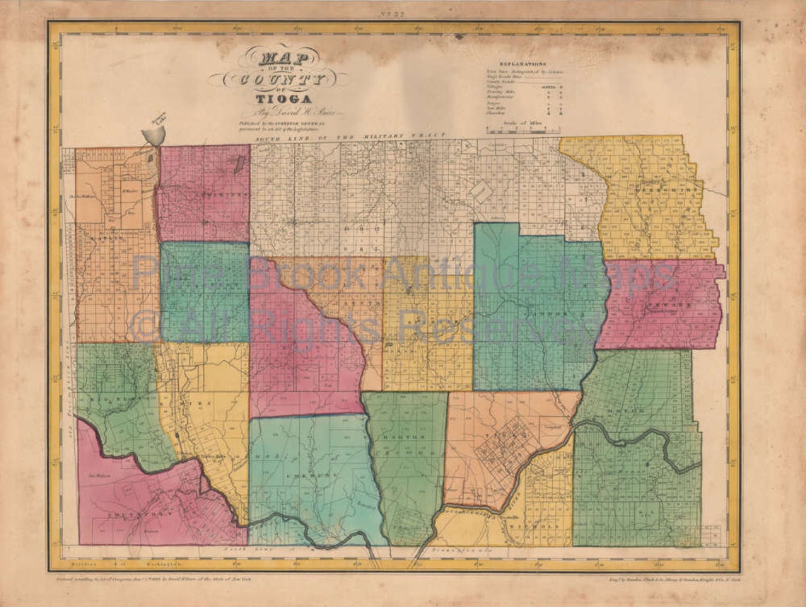 Tioga County New York Antique Map Original NY Decor History | Etsy
